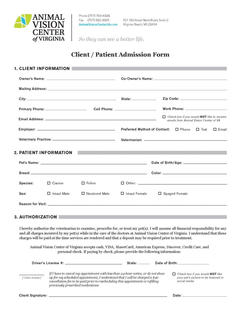 Client / Patient Admission Form | Animal Vision Center of VA